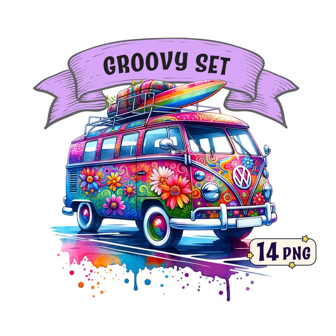 Groovy Set Clipart Bundle: 14 Hippie Themed Groovy Watercolor PNG ...