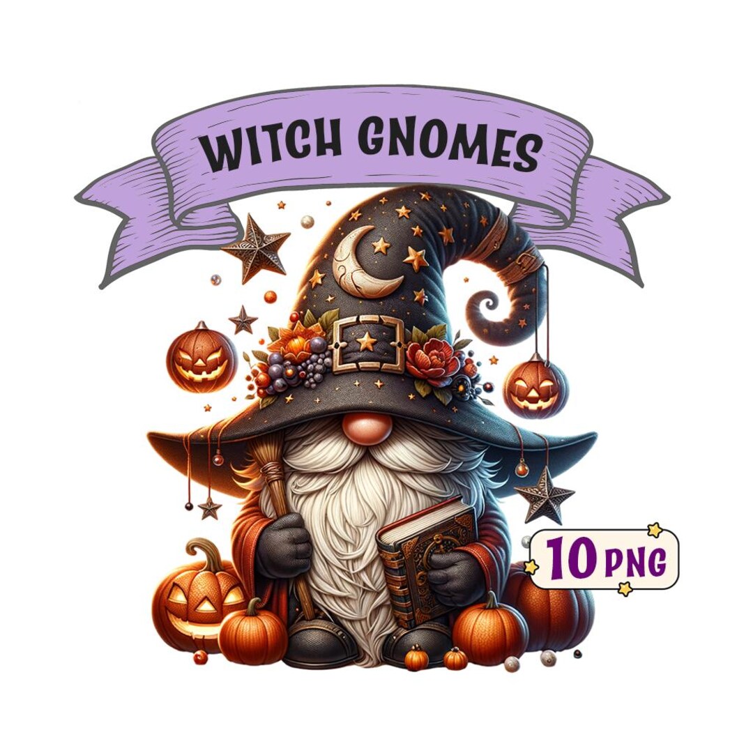 Witch Gnomes Clipart Bundle: 10 Halloween-themed Witchy Gnomes, PNG ...