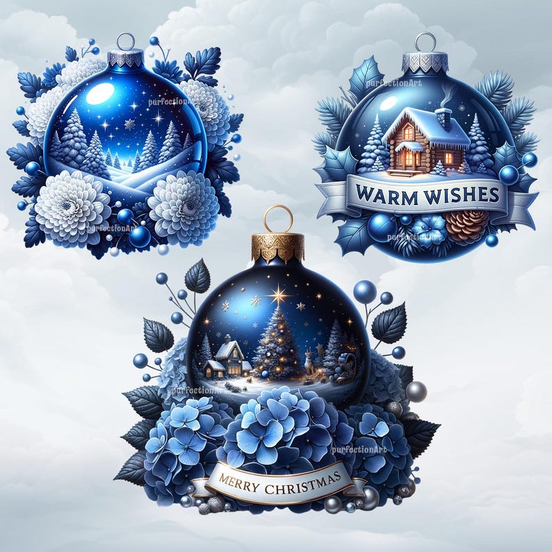 Blue Ornaments Clipart Bundle: 12 Christmas Themed Ornaments in Shades ...