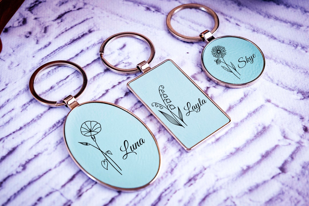 Personalized Birth Flower Keychain, Oval Keychain, Custom Flower ...