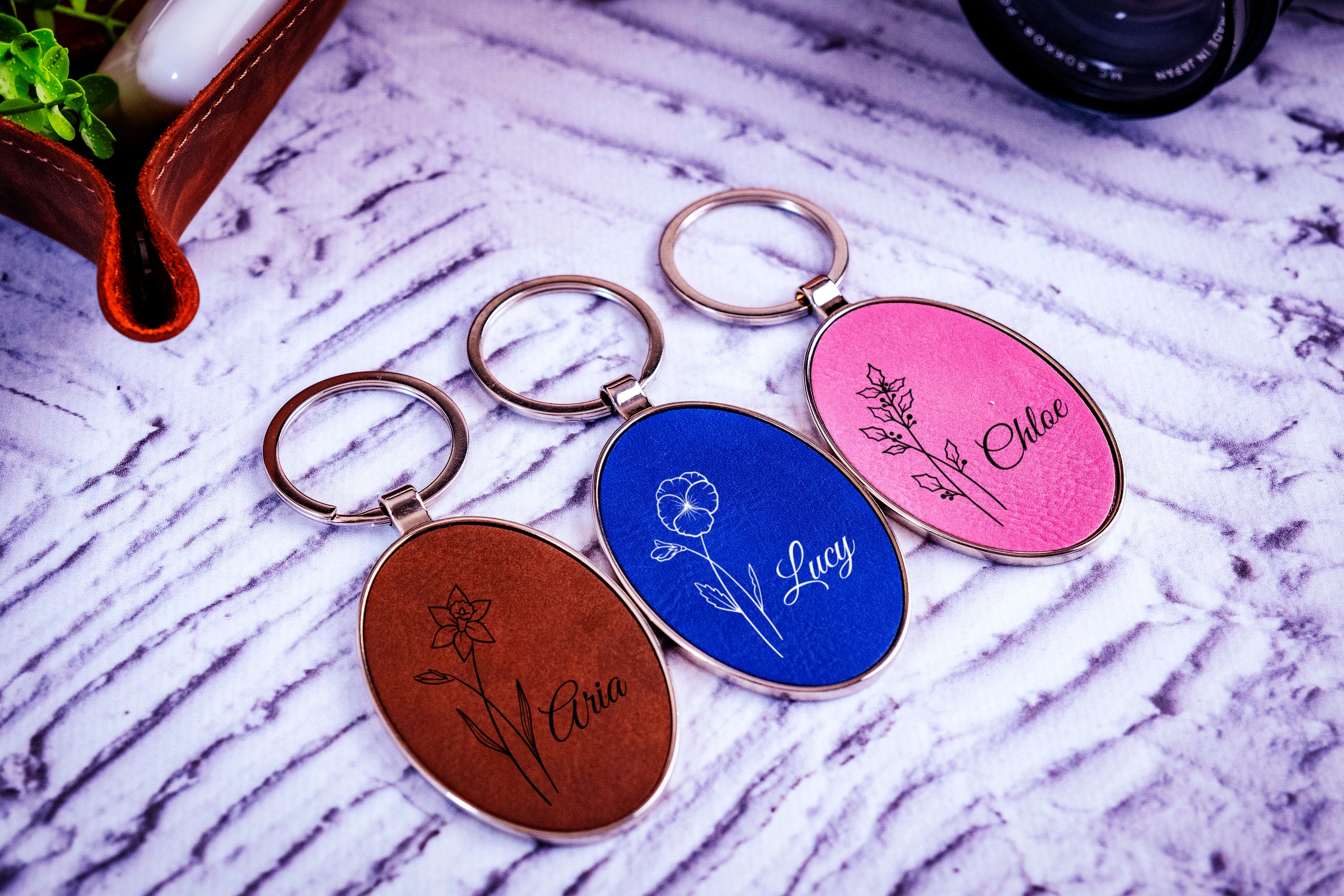 Personalized Birth Flower Keychain, Oval Keychain, Custom Flower ...