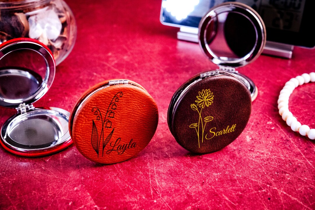 Custom Compact Birth Flower Mirror, Leather Flower Mirror, Birth Month ...