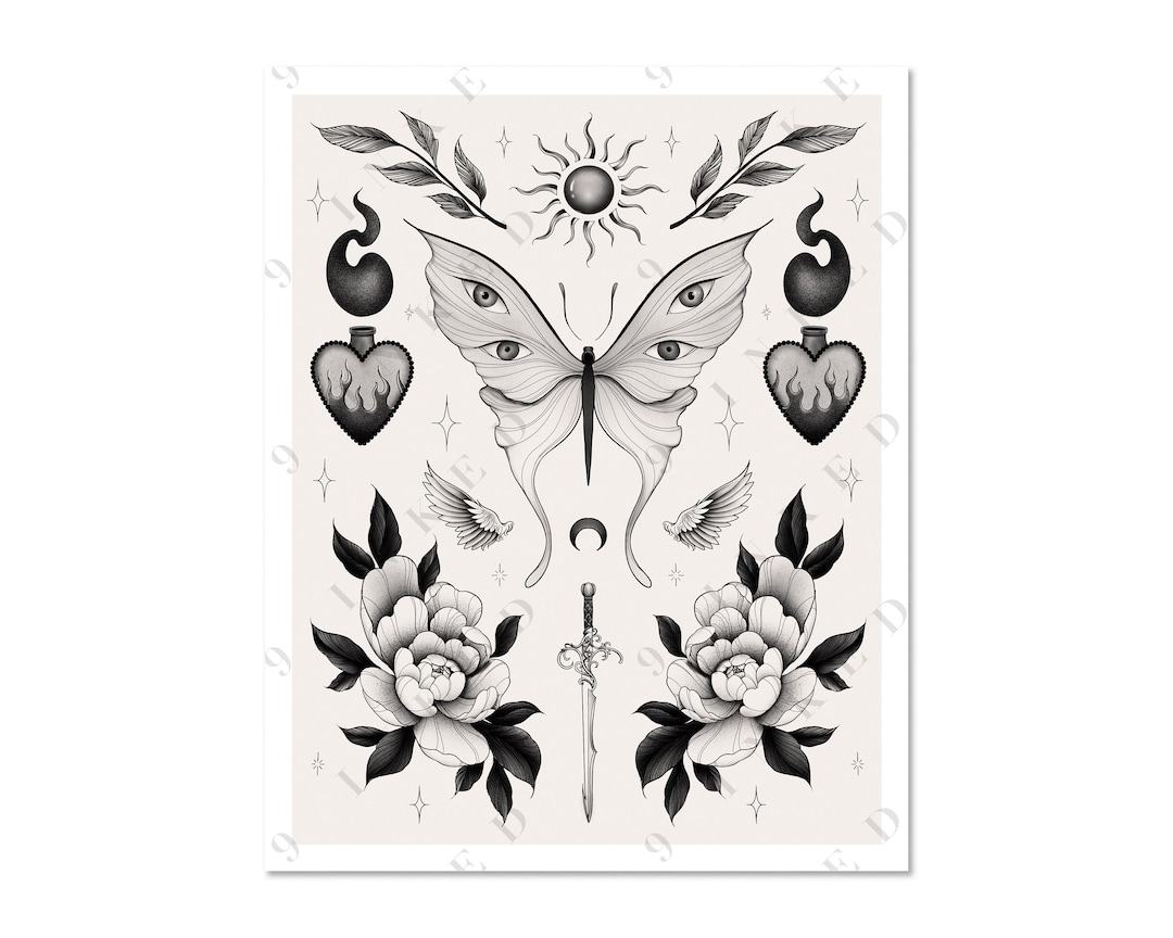 Digital Tattoo Flash Poster: Moth Ink Art Print for Tattoo Lovers ...