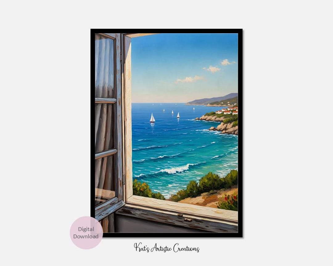 Mediterranean Ocean View From Window Wall Art Print, Printable JPG ...