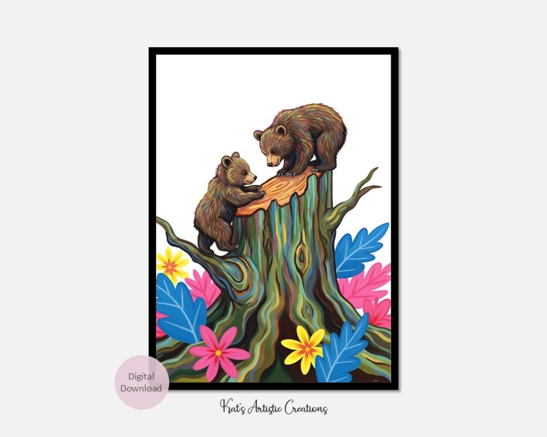 Colorful, Whimsical Bear Cubs Wall Art Print, Printable JPG, Digital ...