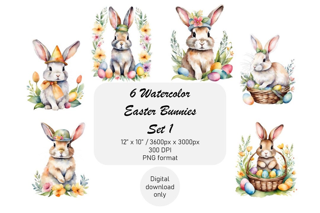 6 Watercolor Easter Bunnies, Eggs, Baskets, PNG, 300 DPI, Christian Art ...