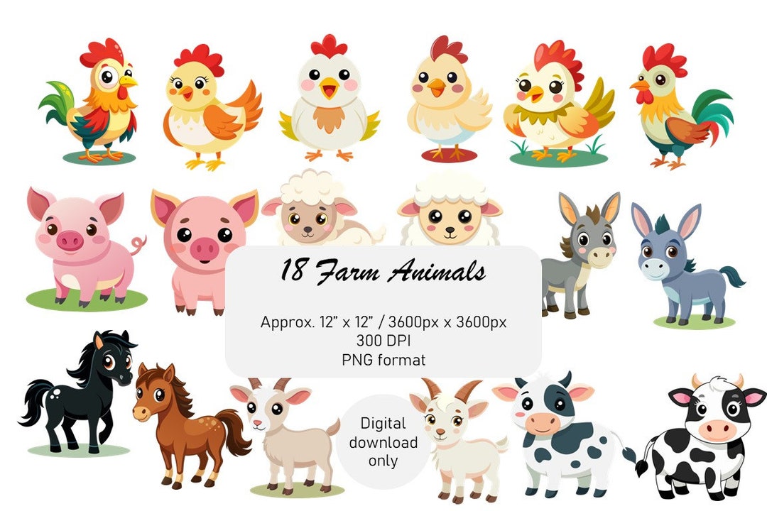 18 Farm Animal Clipart, Transparent Background PNG Graphics, 300 DPI ...