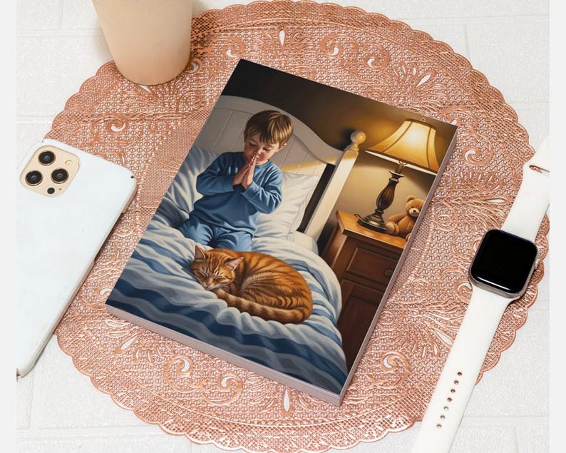Boy Praying at Bedtime With His Cat Wall Art Print, Christian Printable ...