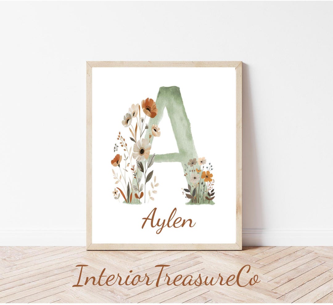 Personalized Initial Nursery Print, Boho Flowers Custom Name Sign ...