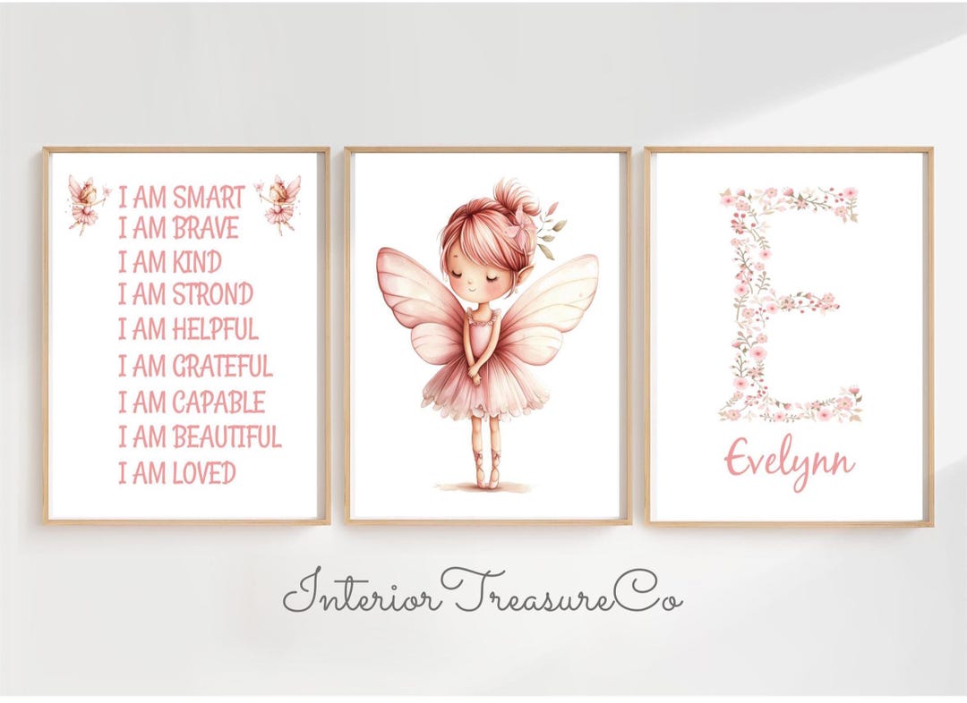 Personalized Fairy Nursery Wall Art, Floral Initial, Affirmation Prints ...