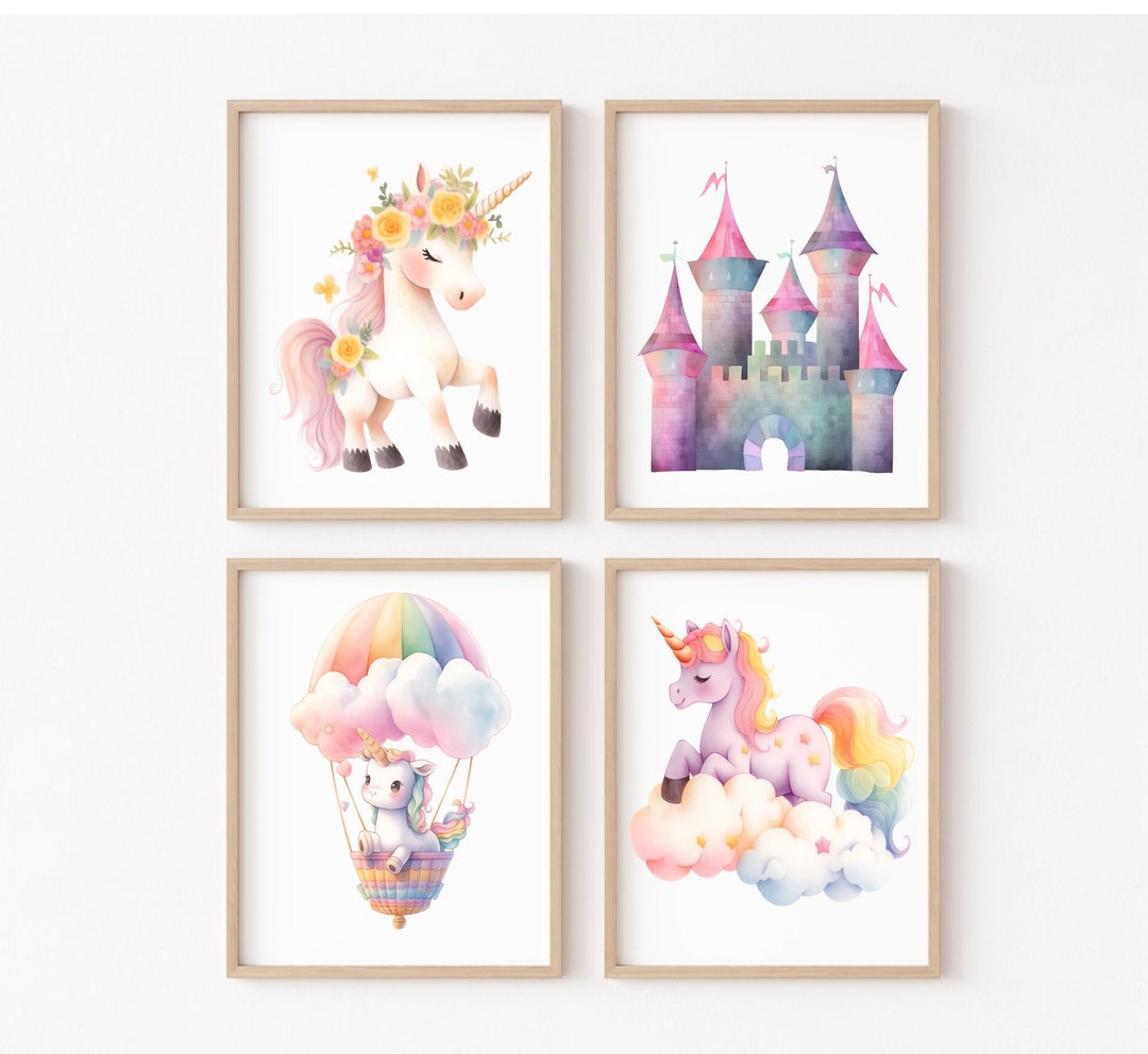 Unicorn Nursery Art Decor Pastel Rainbow Unicorn Castle Wall Art ...