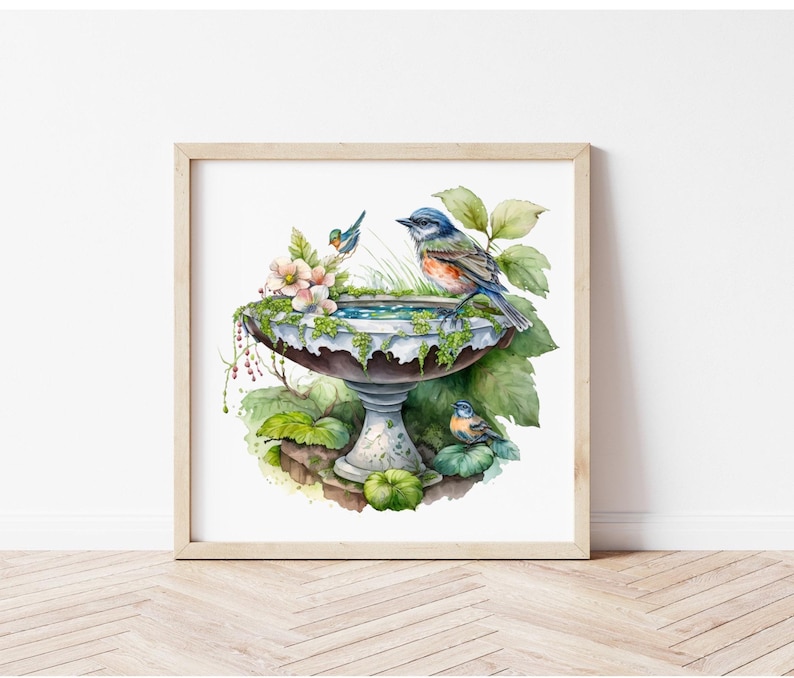 Watercolor Bird Bath Art Print: Spring Garden Decor (digital Download ...