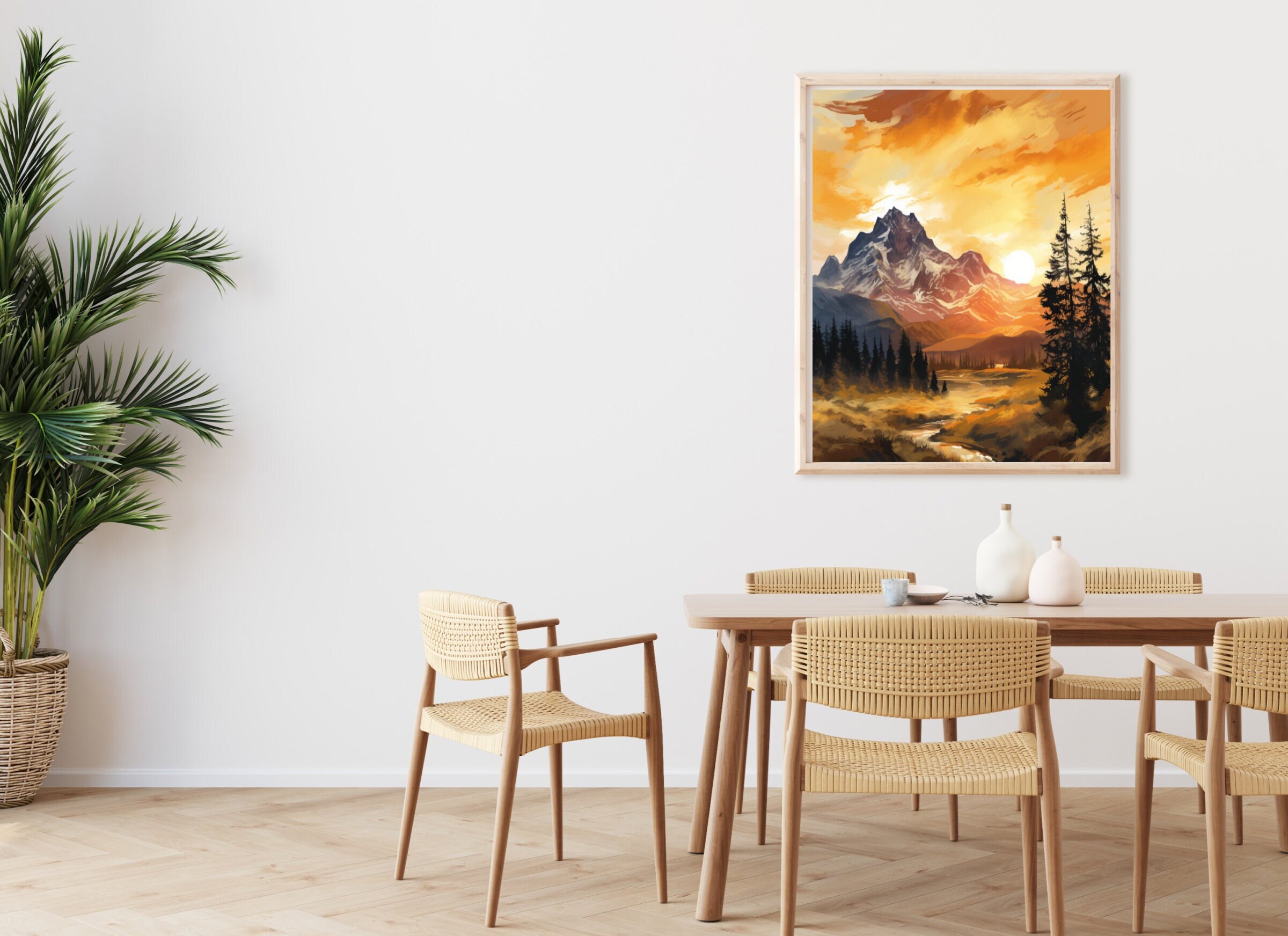 Watercolor Mountain View Art Print Sun Trees Printable Wall Decor ...