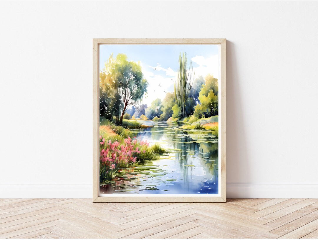 Nature View Art Print Trees River & Wild Flowers Art Printable ...