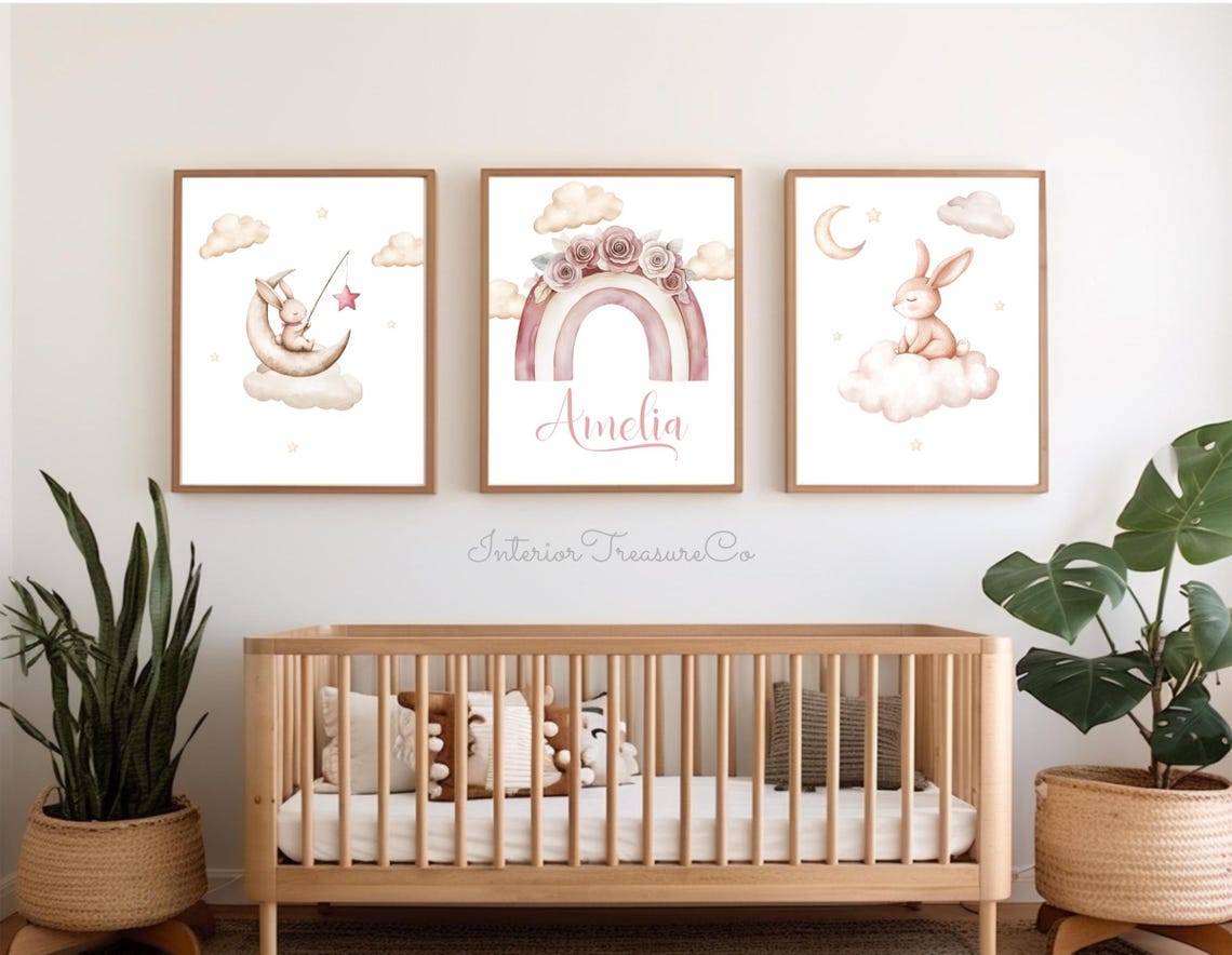 Personalized Bunny Nursery Prints, Boho Rainbow Baby Name Print ...