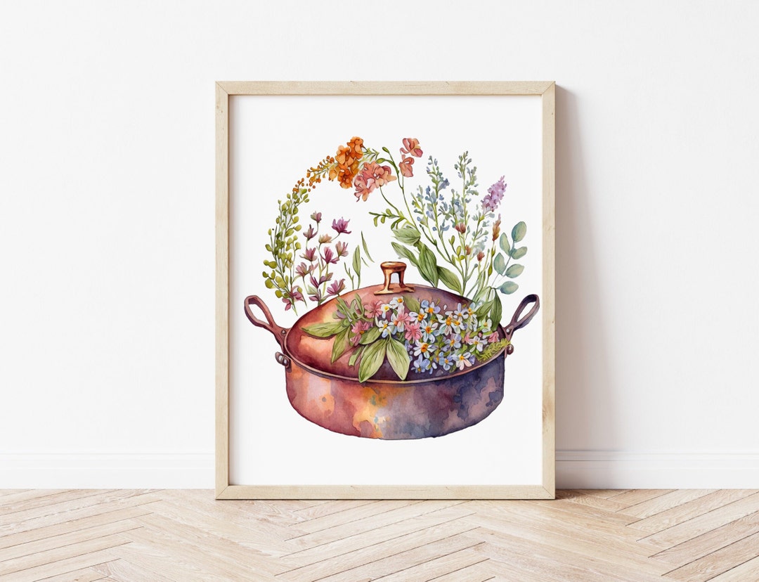 Farmhouse Kitchen Art Print: Pot With Flowers Watercolor (digital ...