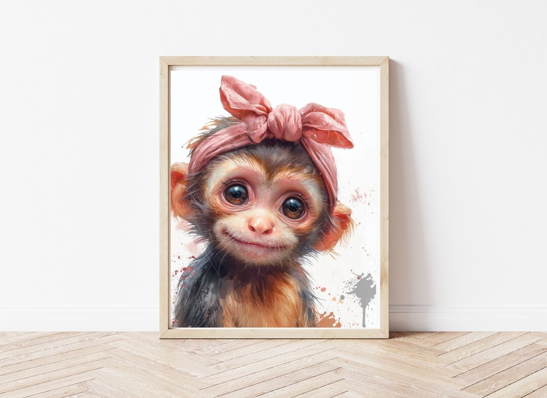 Baby Monkey Nursery Art Print: Pink Bow, Jungle Animal (digital ...