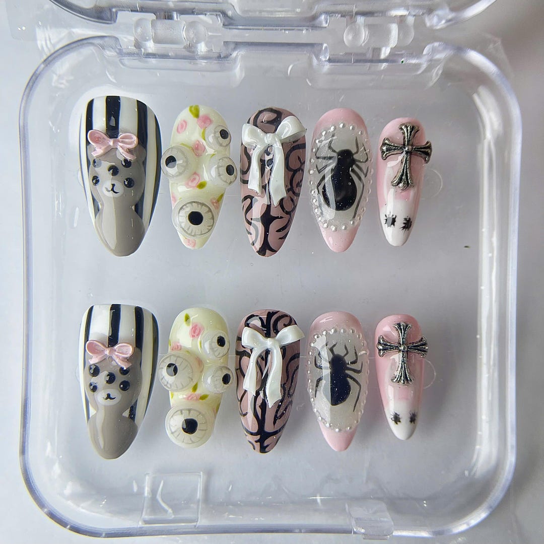 Rilakkuma Kawaii Fake Nails, 3D Bear Nails With Bow, Spider, Handmade ...