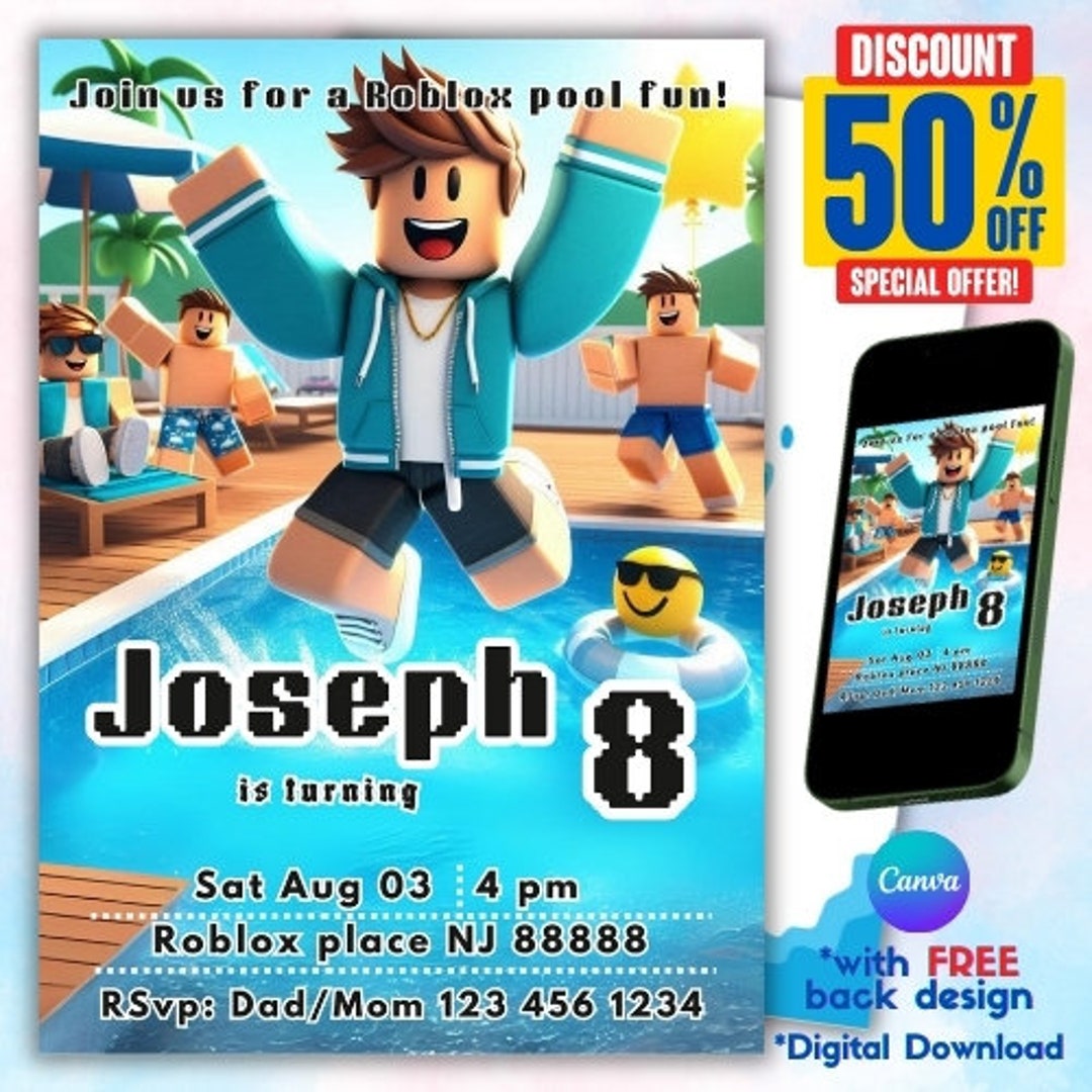 Roblox Pool Party Birthday Invitation Gamer Party Invite Roblox Boy ...