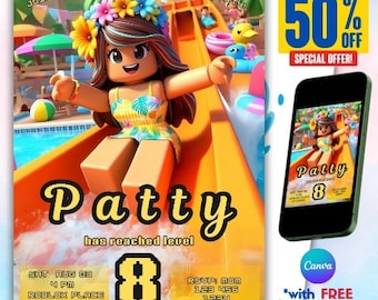 Roblox Pool Party Birthday Invitation Gamer Party Invite Roblox Girl ...