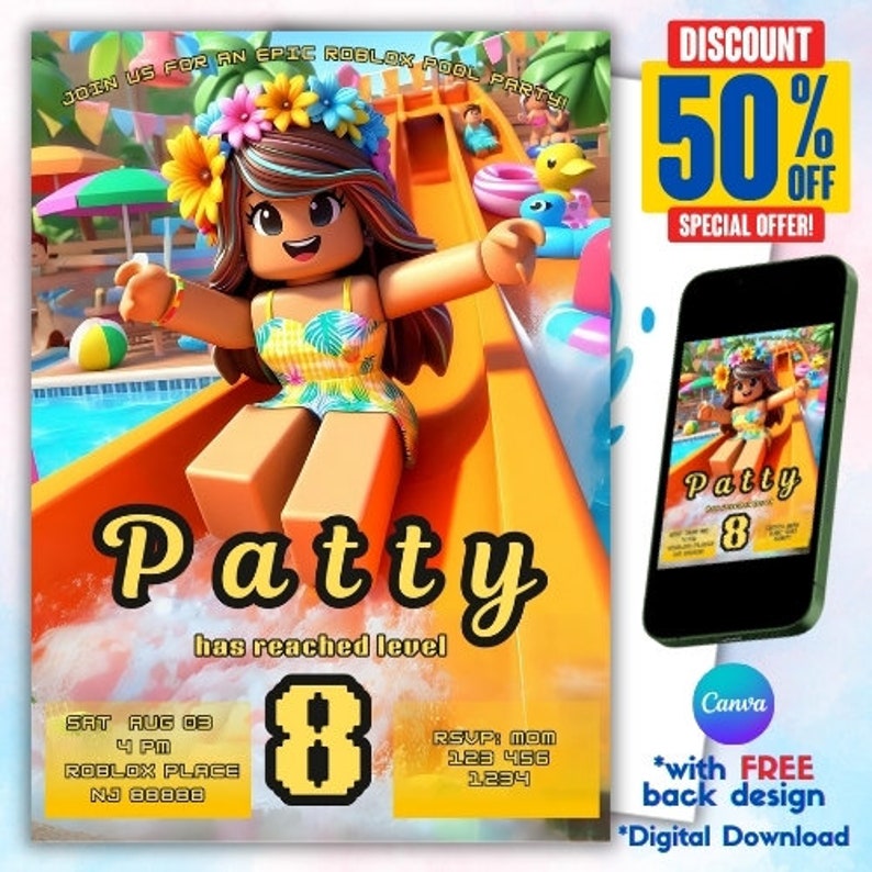 Roblox Pool Party Birthday Invitation: Gamer Girl Invite (digital ...