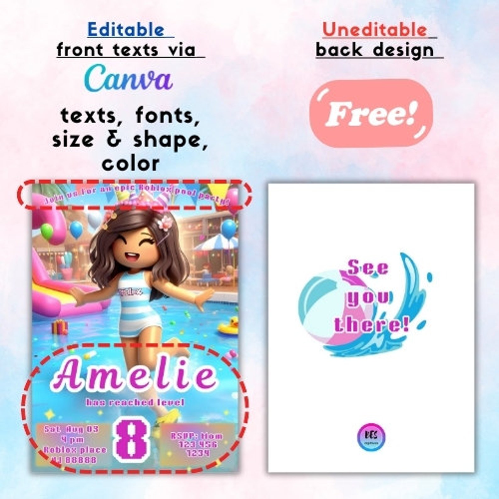 Roblox Pool Party Birthday Invitation Gamer Party Invite Roblox Girl ...