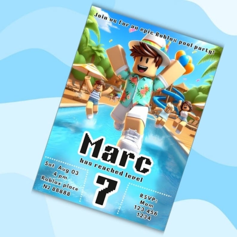 Roblox Pool Party Birthday Invitation Gamer Party Invite Roblox Boy ...