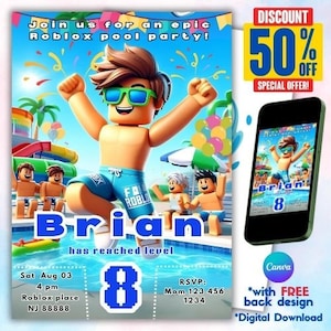 Roblox Pool Party Birthday Invitation Gamer Party Invite Roblox Boy ...