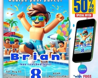 Roblox Pool Party Birthday Invitation Gamer Party Invite Roblox Boy ...