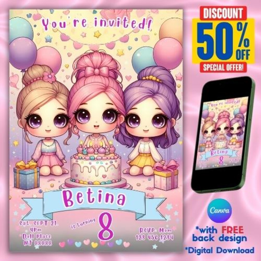 Chibi Doll Birthday Invitation, Pink Princess Party (digital Download ...