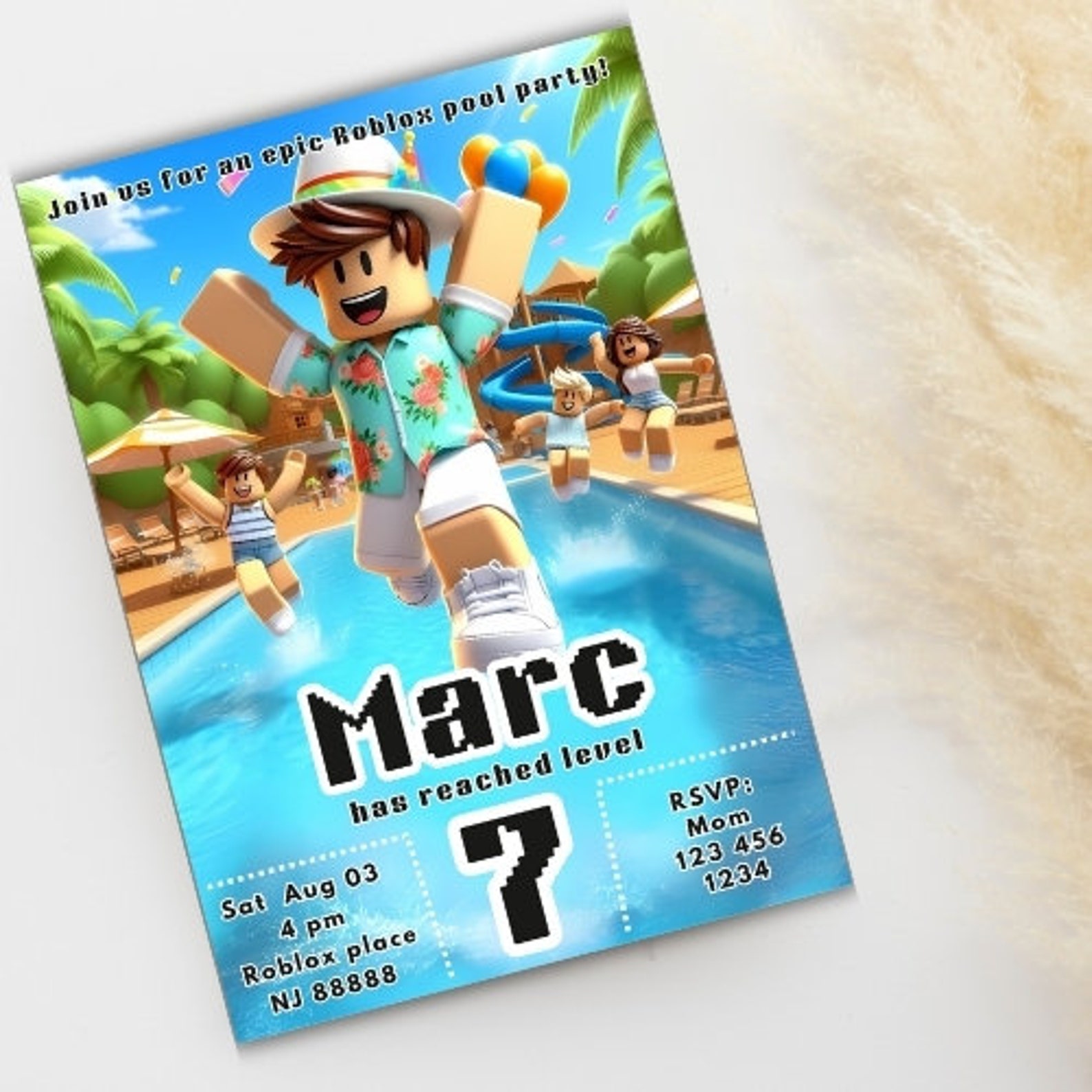 Roblox Invitation, Roblox Pool Party Birthday Invitation, Gamer Invite ...