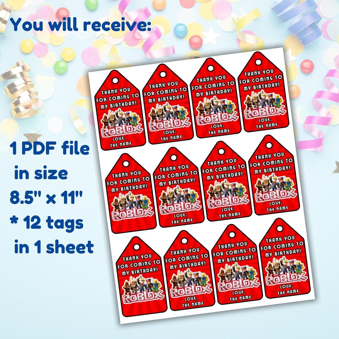 Thank You Tags Birthday, Roblox Gift Tags, Roblox Party Favor Label ...