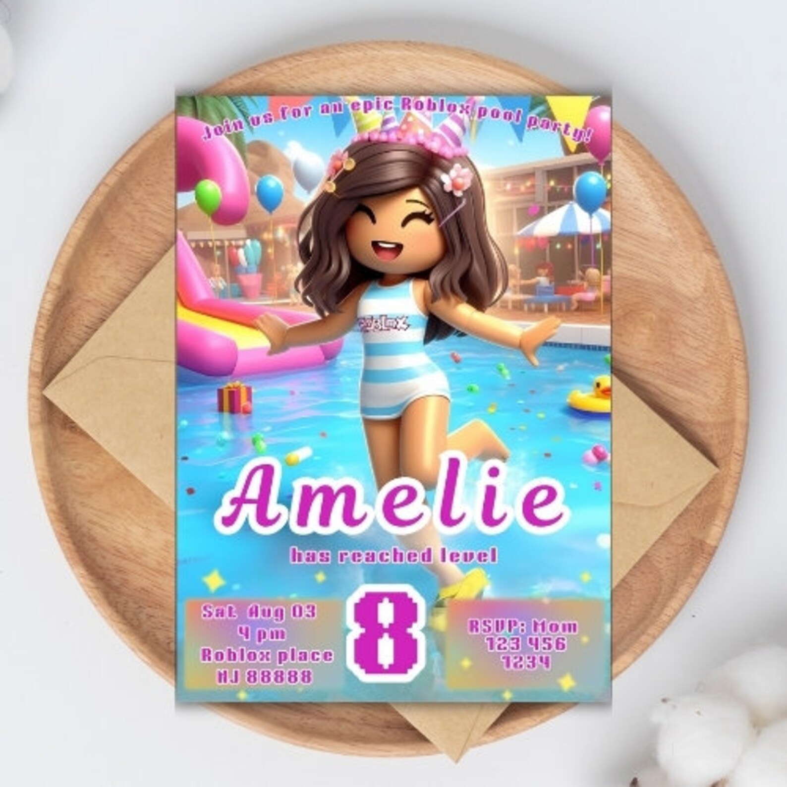 Roblox Pool Party Birthday Invitation Gamer Party Invite Roblox Girl ...