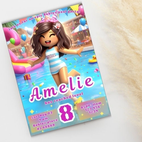 Roblox Pool Party Birthday Invitation Gamer Party Invite Roblox Girl ...