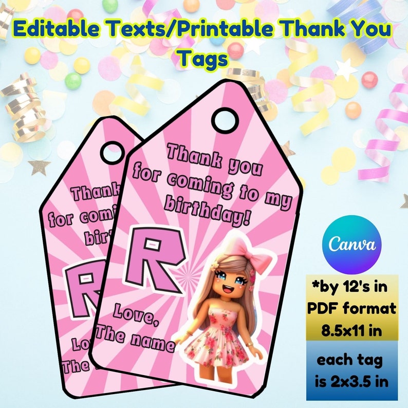 Roblox Birthday Thank You Tags, Party Favor Labels (printable) - Etsy