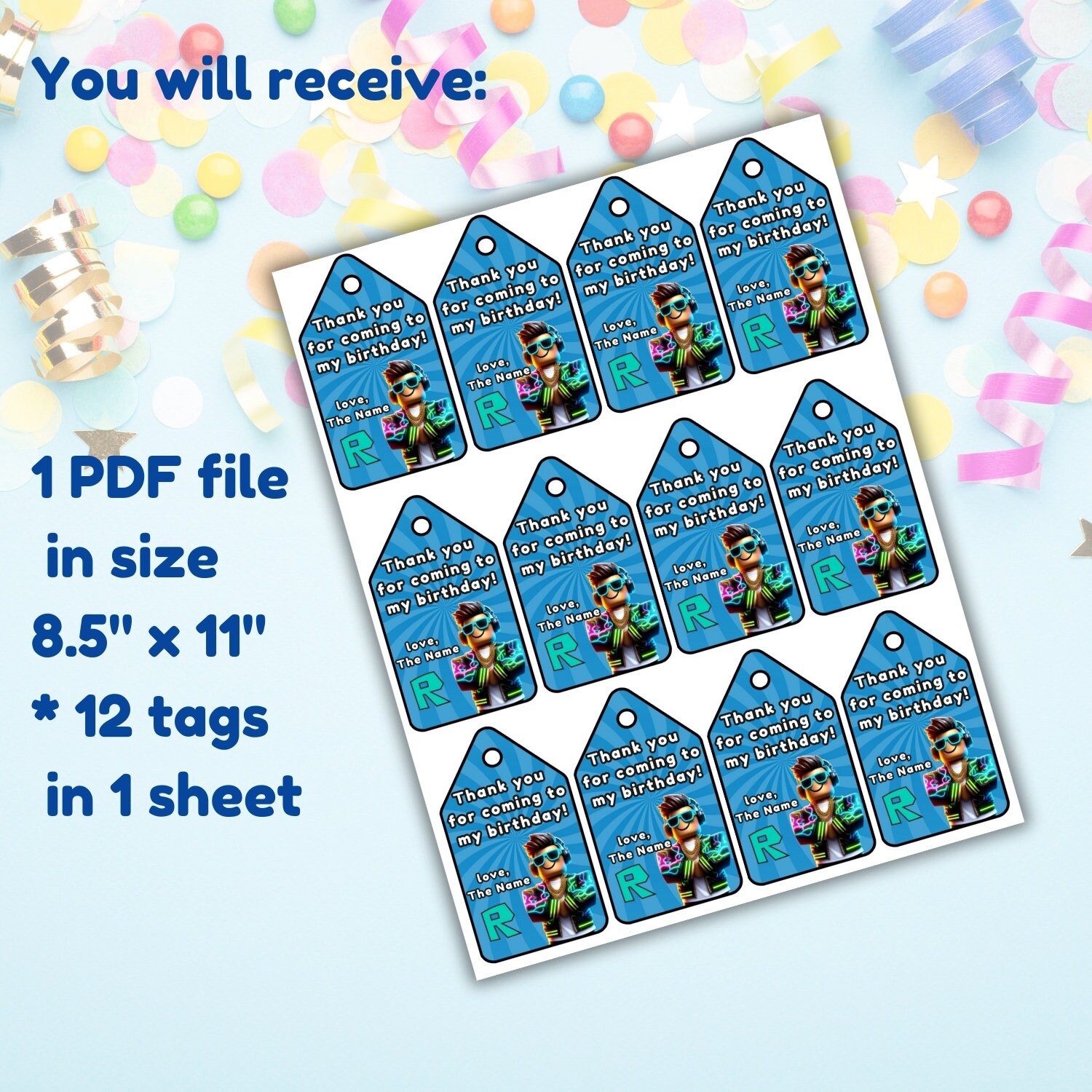 Thank You Tags Birthday, Roblox Gift Tags, Roblox Party Favor Label ...