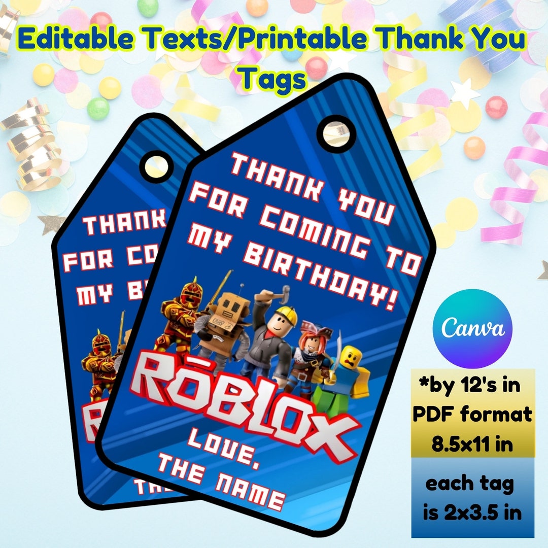 Thank You Tags Birthday, Roblox Gift Tags, Roblox Party Favor Label ...