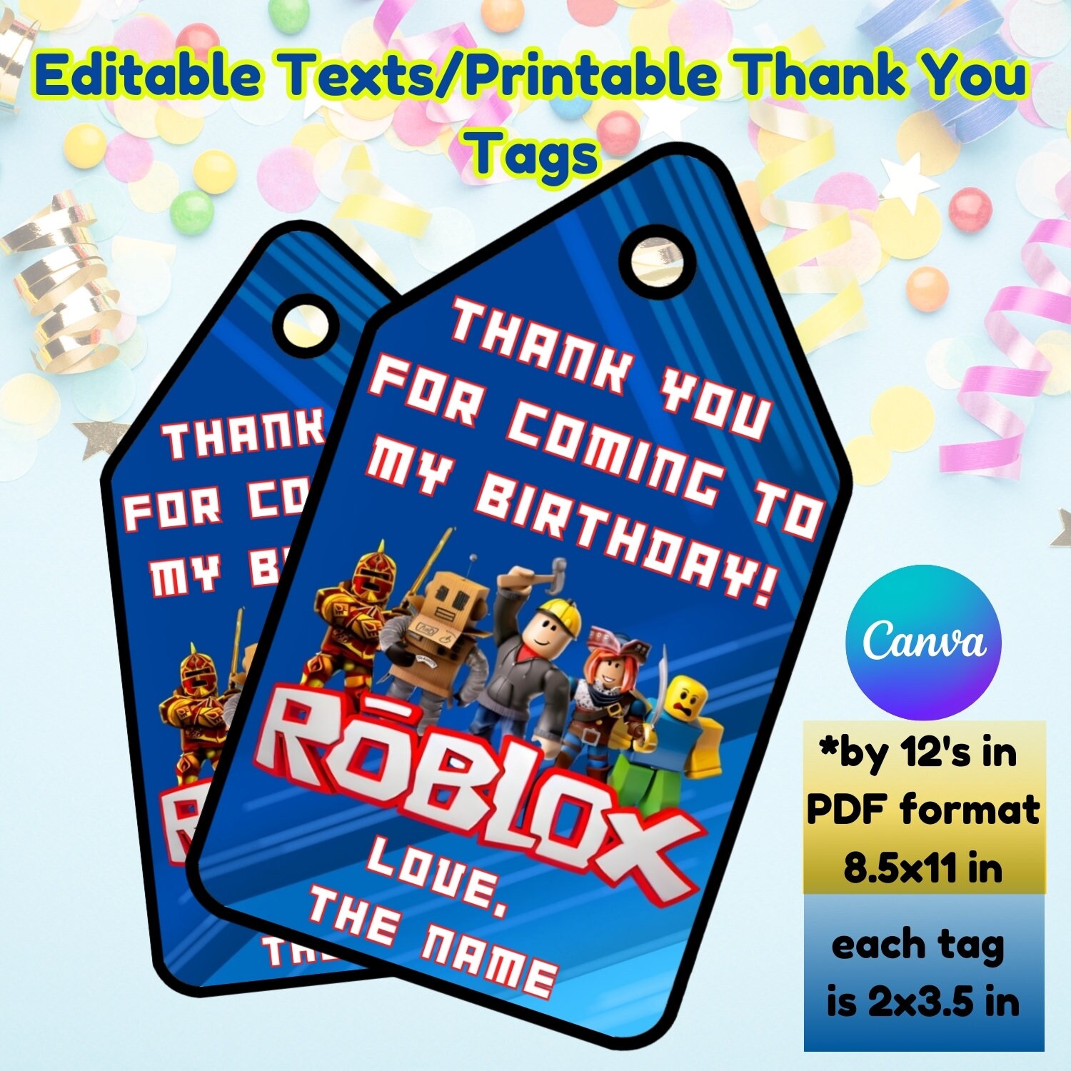 Thank You Tags Birthday, Roblox Gift Tags, Roblox Party Favor Label ...