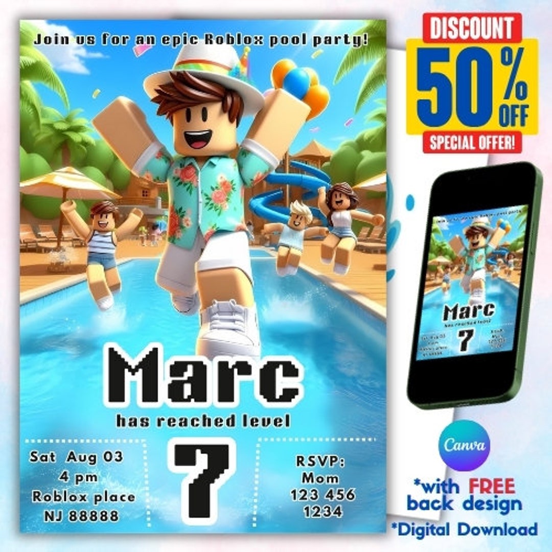 Roblox Pool Party Birthday Invitation, Gamer Invite (digital Download ...