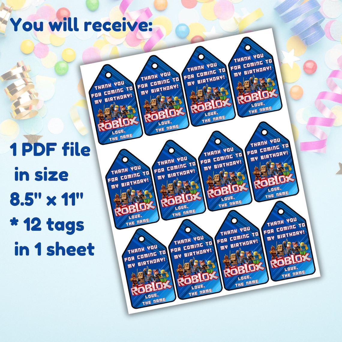 Thank You Tags Birthday, Roblox Gift Tags, Roblox Party Favor Label ...