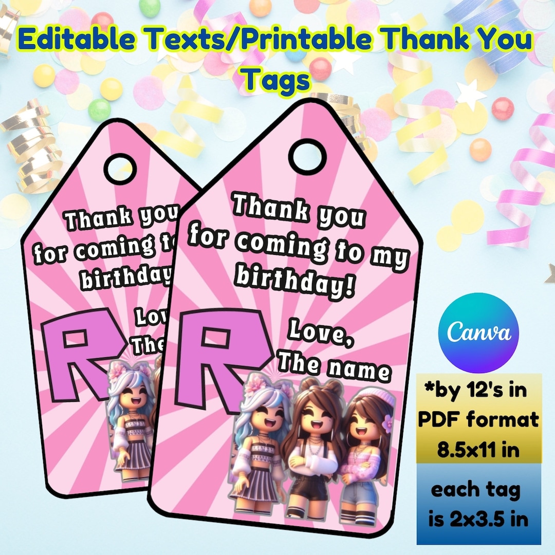 Thank You Tags Birthday, Roblox Gift Tags, Roblox Party Favor Label ...