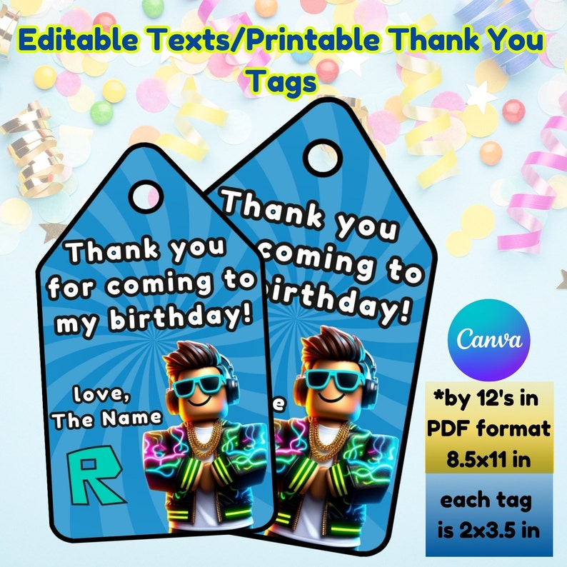 Roblox Birthday Thank You Tags, Editable Party Favors (digital Download ...