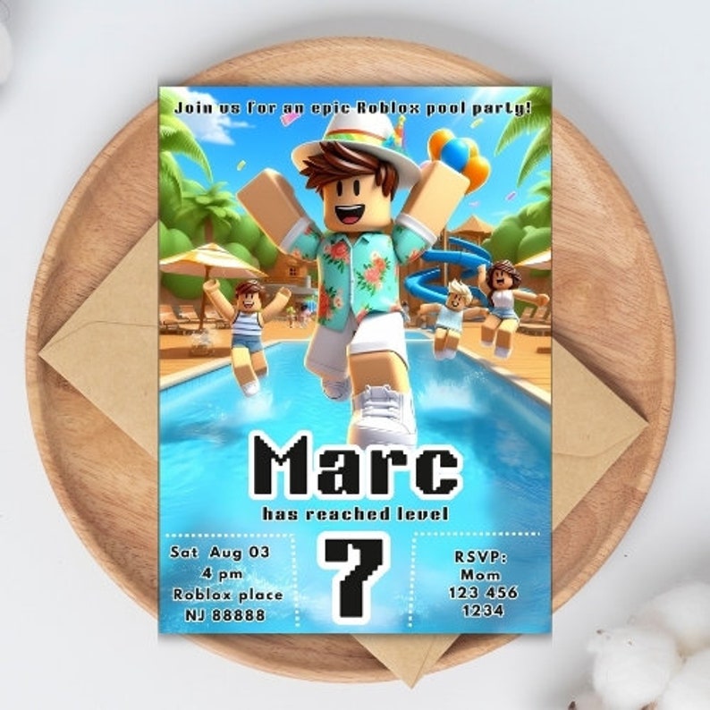 Roblox Invitation, Roblox Pool Party Birthday Invitation, Gamer Invite ...
