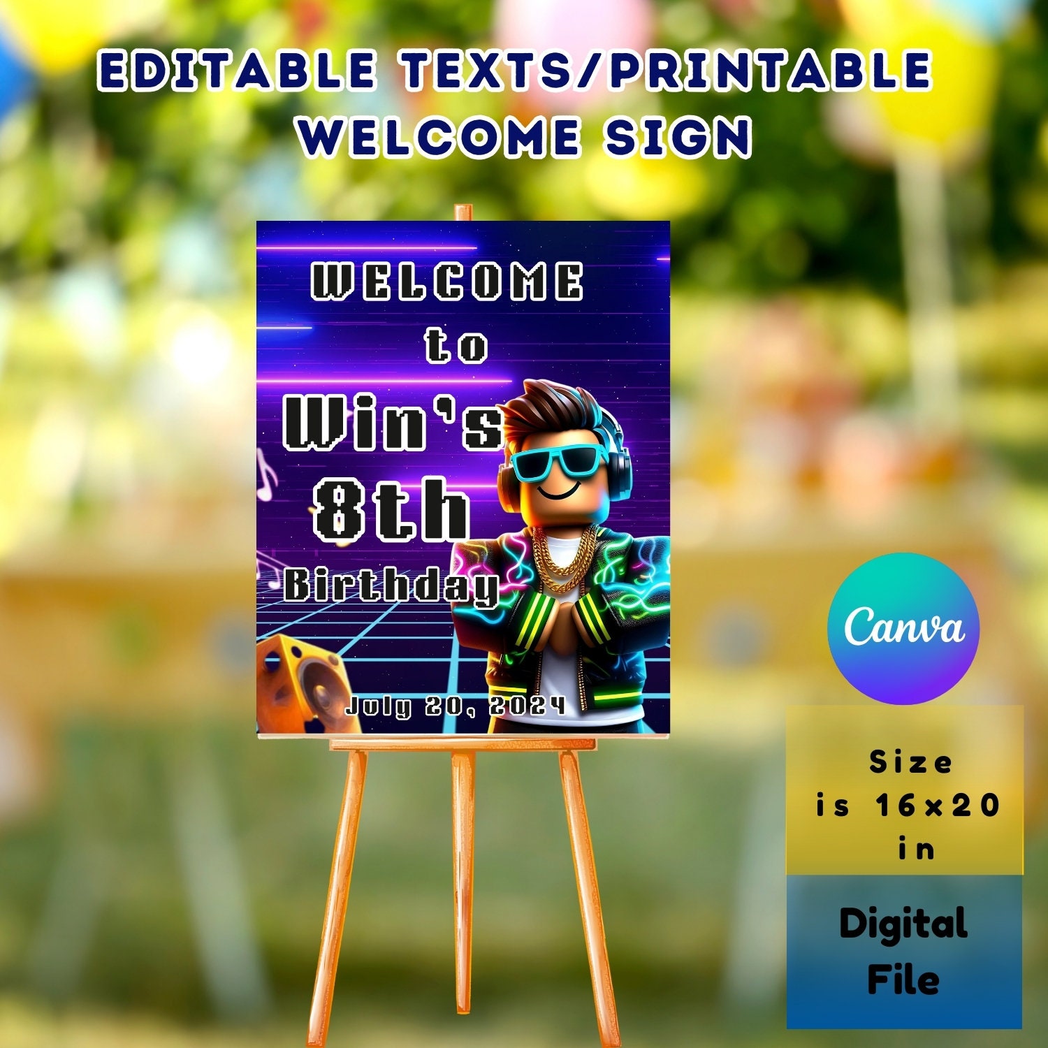 Birthday Party Sign, Editable Birthday Welcome Sign Canva, Roblox ...