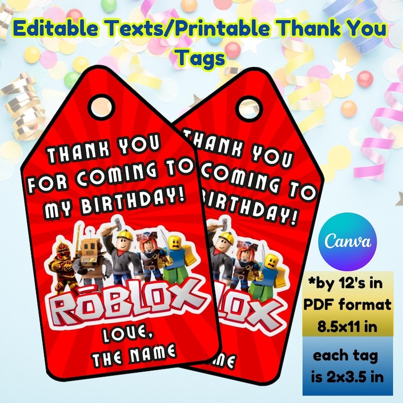 Roblox Birthday Thank You Tags, Party Favor Labels (printable Digital ...