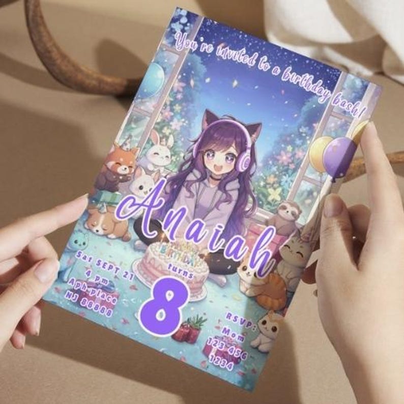 Aphmau Birthday Invitation, Purple Mine Crafter, Kids Invite, Editable ...