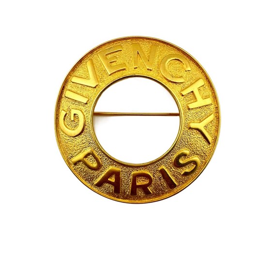 RARE Vintage Givenchy Paris Logo Brooch Round Pin Gol… - Gem