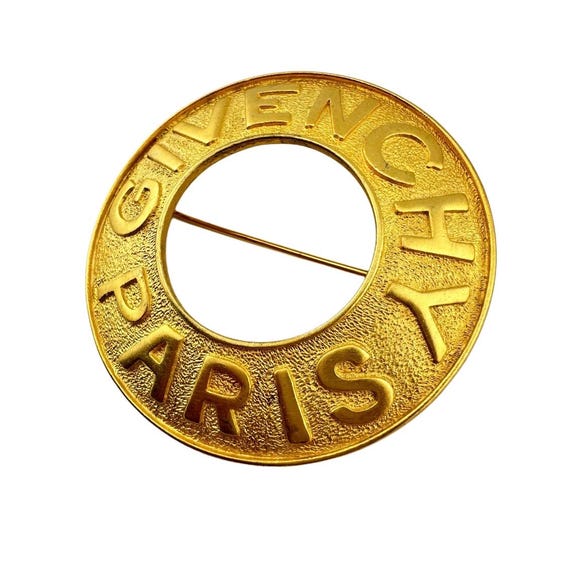 RARE Vintage Givenchy Paris Logo Brooch Round Pin Gol… - Gem