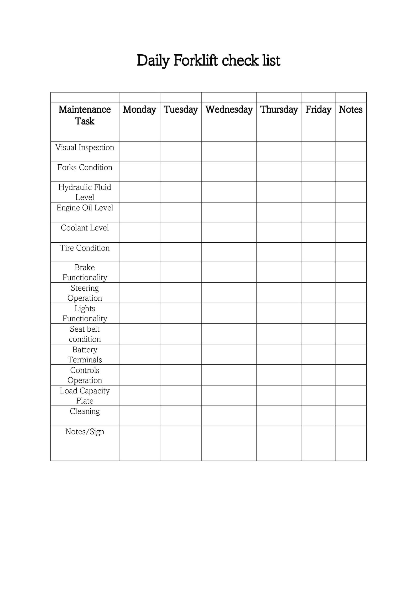 Daily Forklift Check List - (PDF) Eazy Download - Etsy