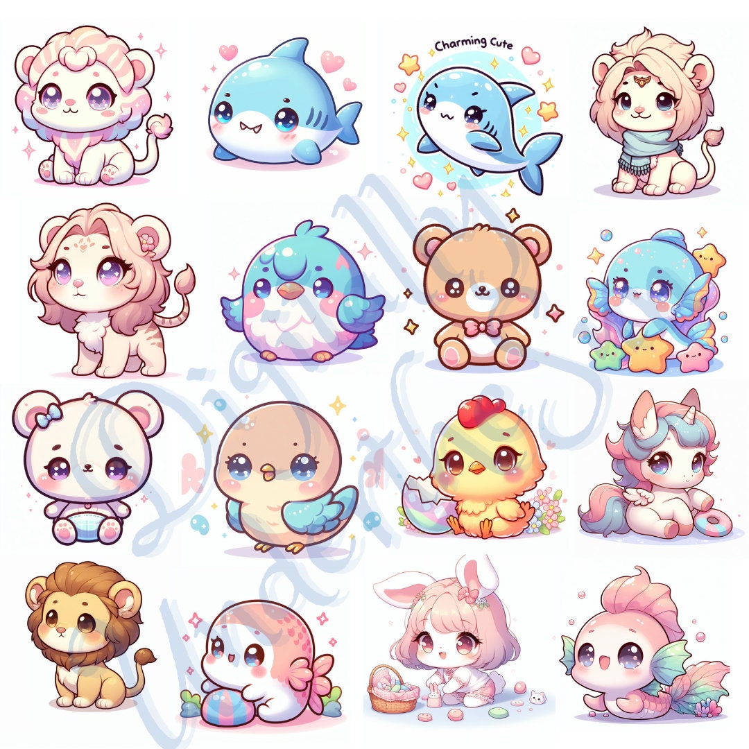 Cute Kawaii Animals PNG Bundle | Pastel Chibi | 86 Clipart PNG for ...